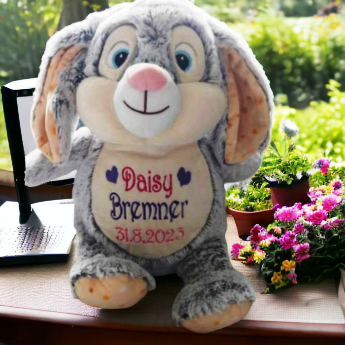 Personalised Embroidered Birth Announcement Grey Bunny Blue Star ...