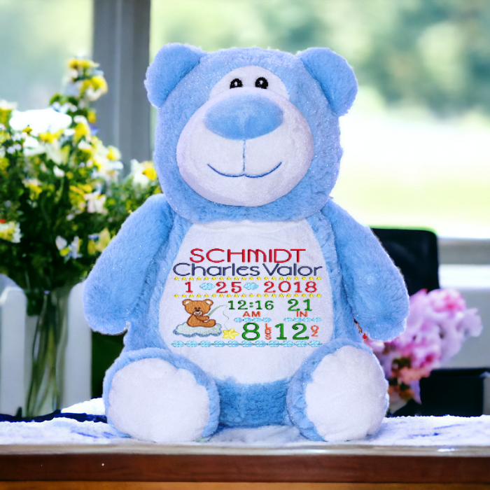 Personalised Embroidered Birth Announcement Blue Bear Cubby – Heartfelt ...